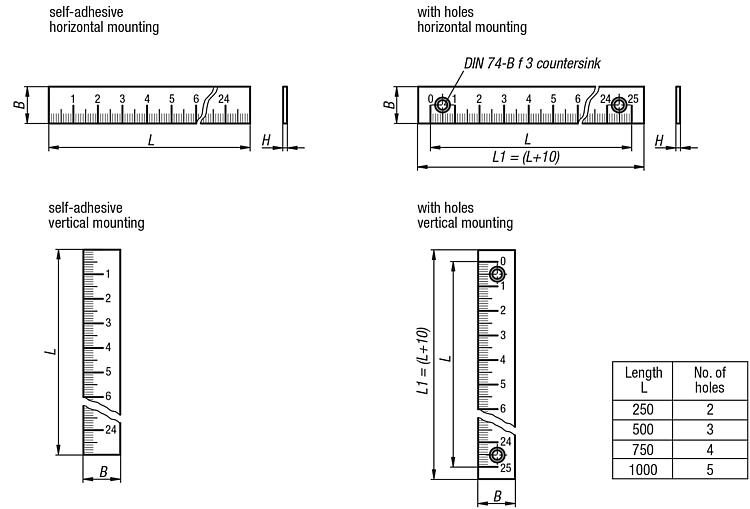 Linear scales, aluminium, self-adhesive or with holes, thickness 2 mm ...
