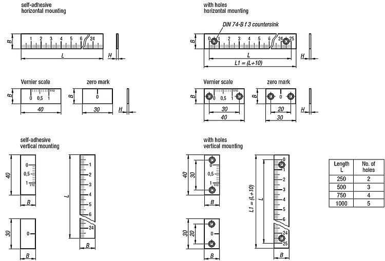 Linear scales, aluminium, self-adhesive or with holes, thickness 2 mm ...