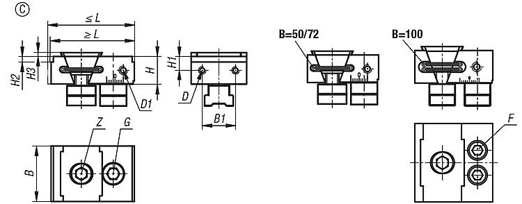 Wedge clamps with fixed jaw for multi-clamping system, Form C, stepped ...